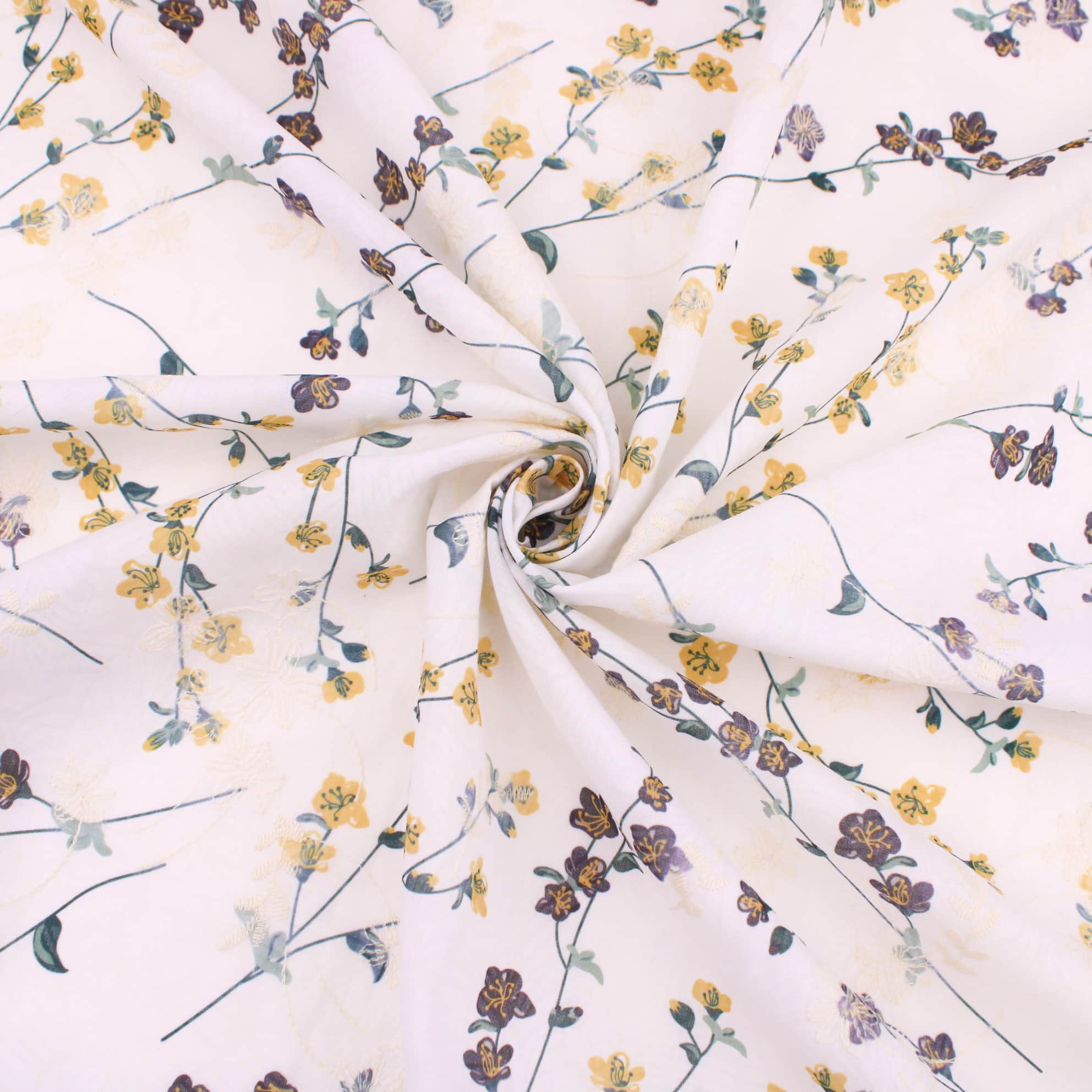 Annie Cotton Mix Dressmaking Fabrics - Trailing Mini Yellow Flowers ...