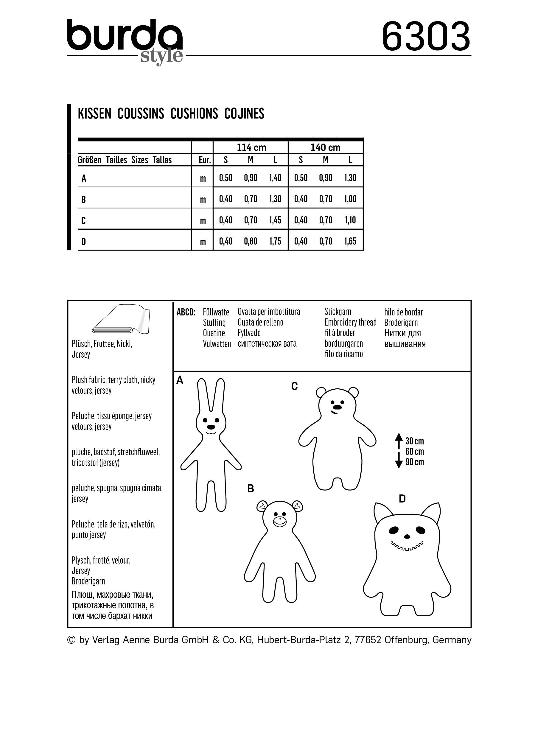 Burda Style Stuffed Craft Sewing Pattern for Creative Projects B6303 ...