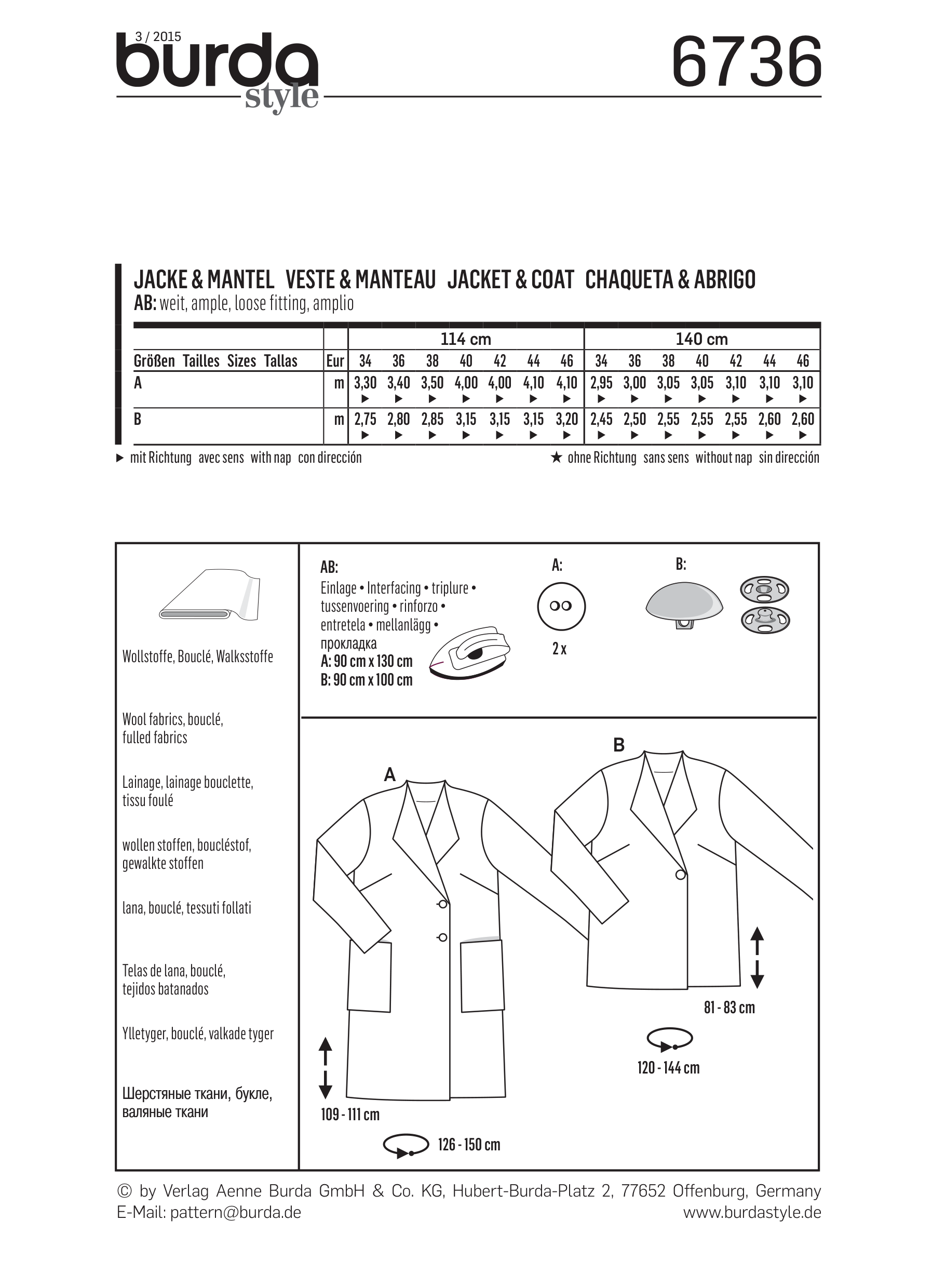 Burda Style Misses Jacket Coat Sewing Pattern for Stylish Creations B6 ...
