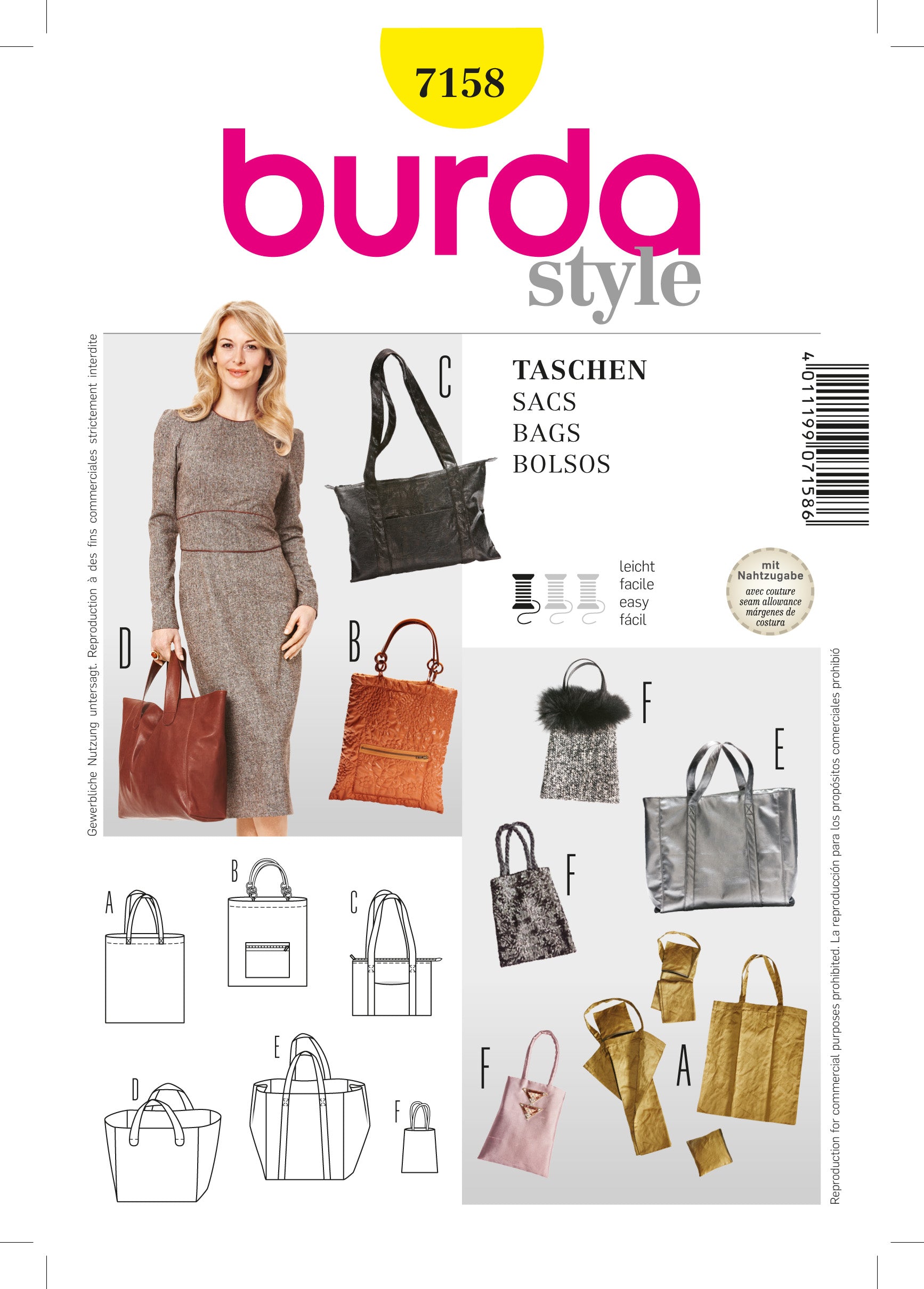 Burda Style Stylish Bags Sewing Pattern for Creative Projects B7158 ...