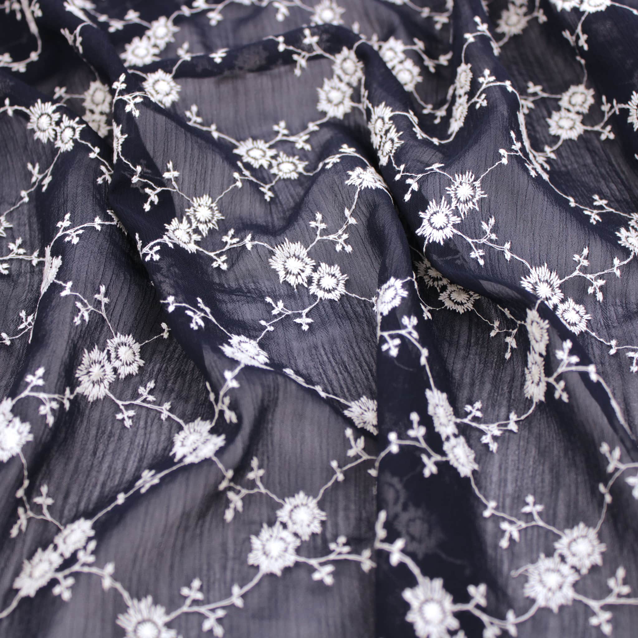 Florence Embroidered Crinkled Cotton Chiffon - Navy – Lullabee Fabrics