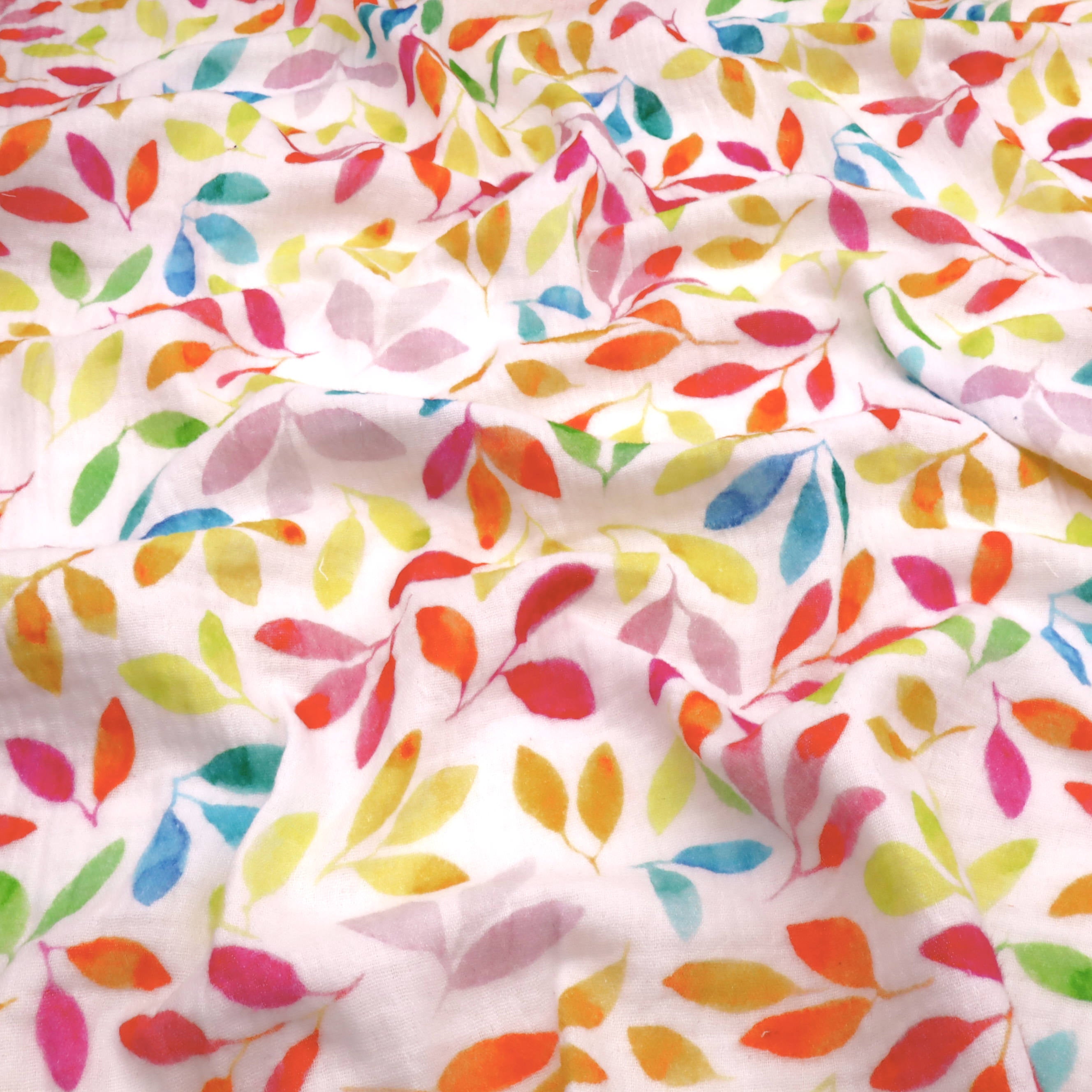 Foilage Coloured Leaves Printed Double Gauze Dressmaking Fabric - Summ ...