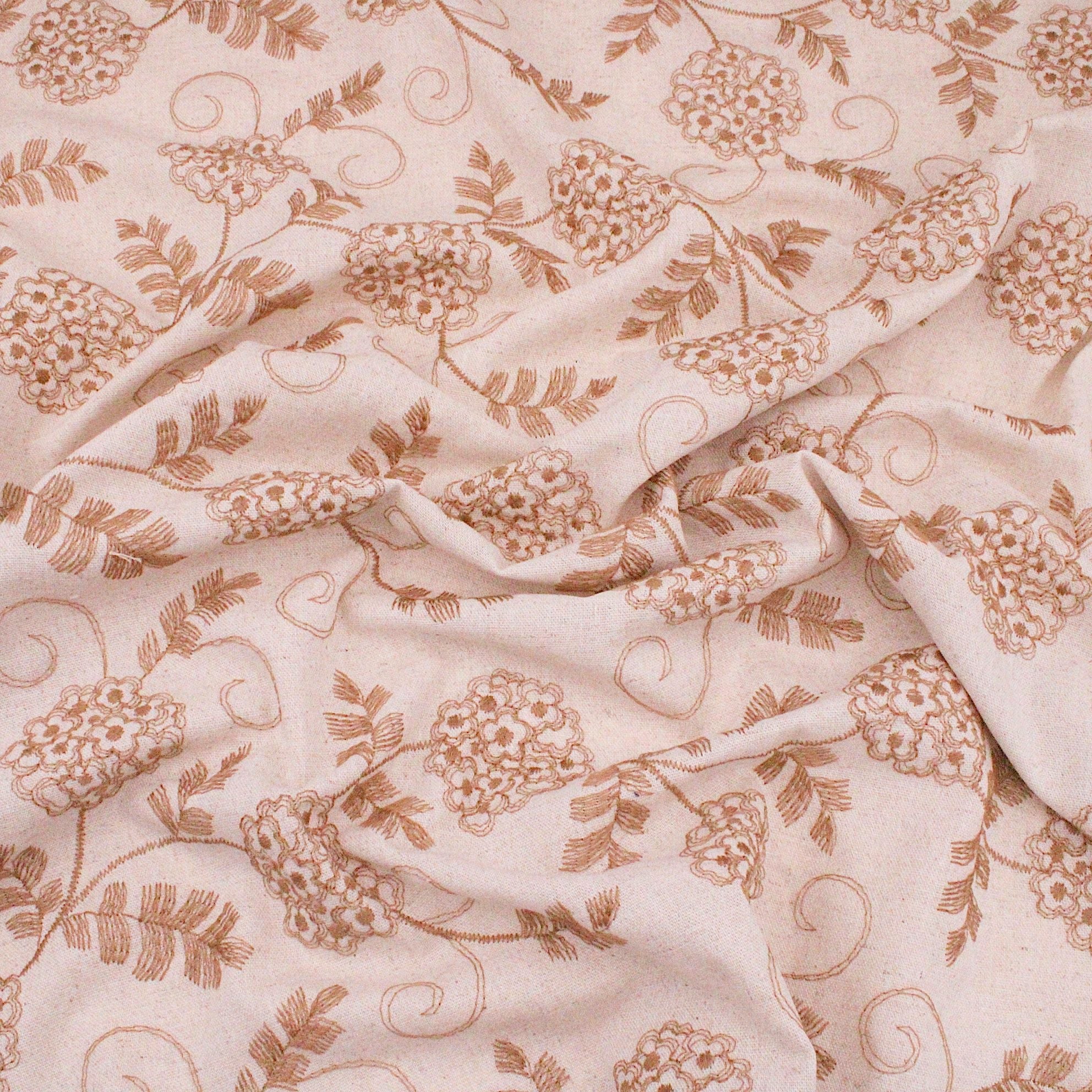Jasmine Linen Viscose Floral Embroidery Fabric - Tan Hydrangea ...