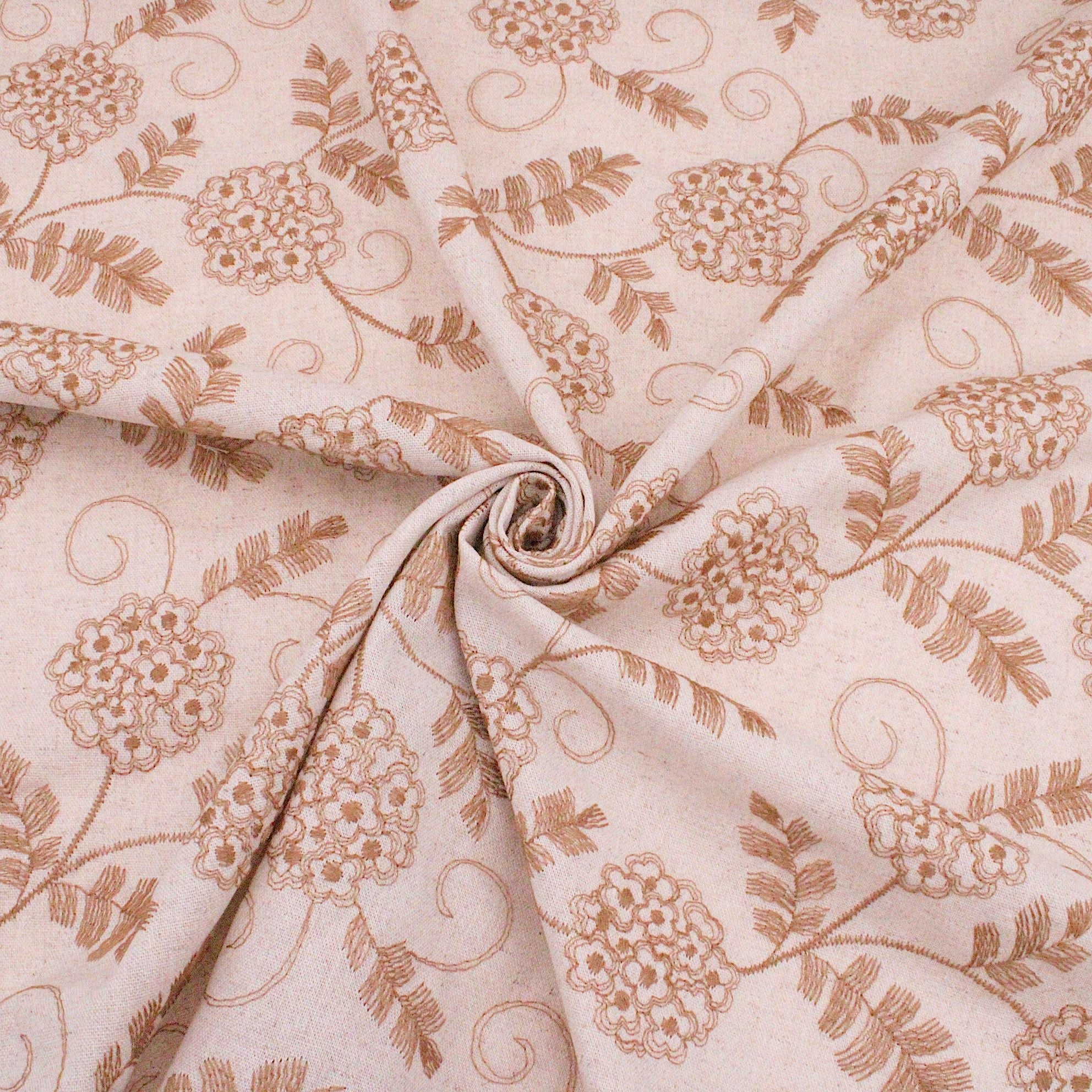 Jasmine Linen Viscose Floral Embroidery Fabric - Tan Hydrangea ...