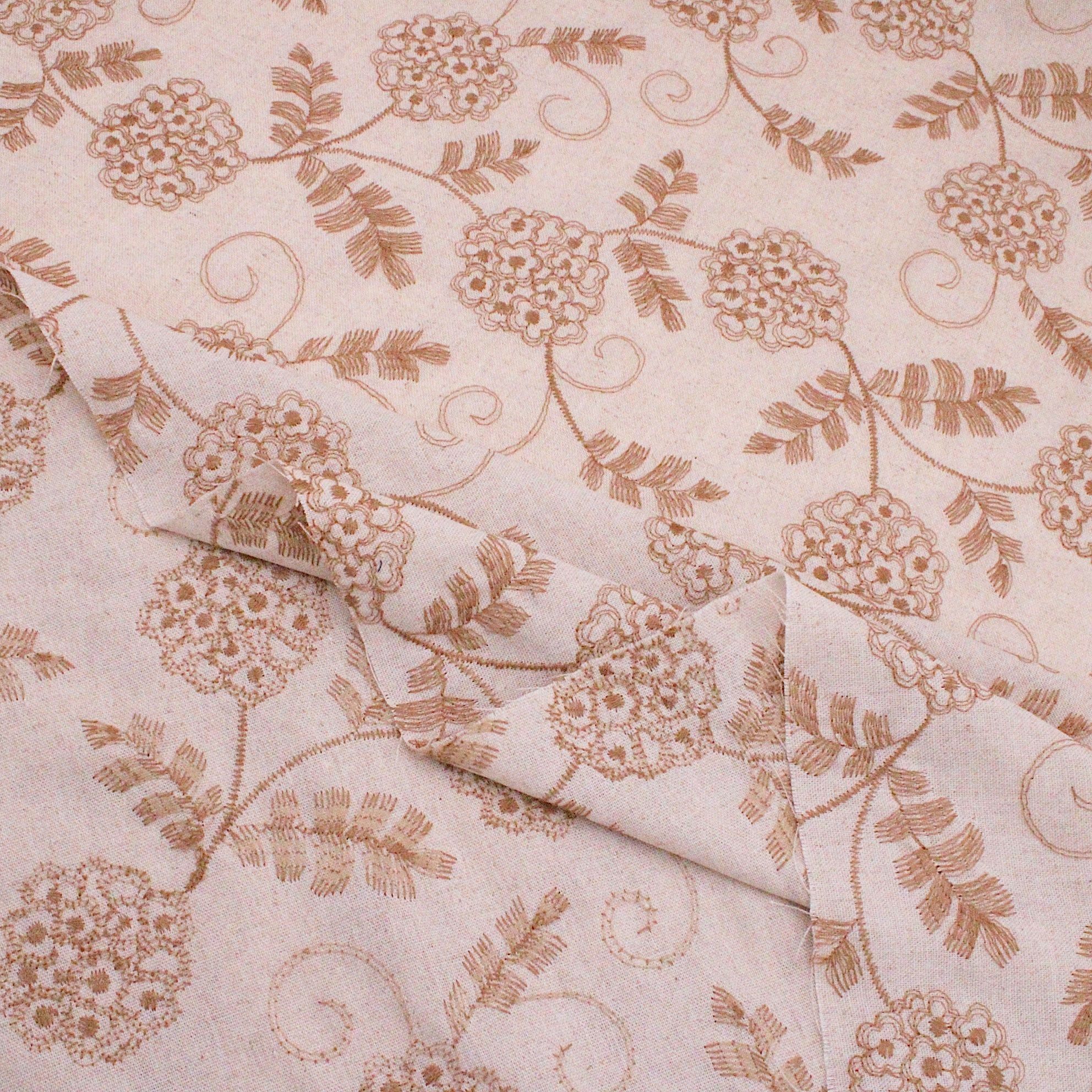 Jasmine Linen Viscose Floral Embroidery Fabric - Tan Hydrangea ...