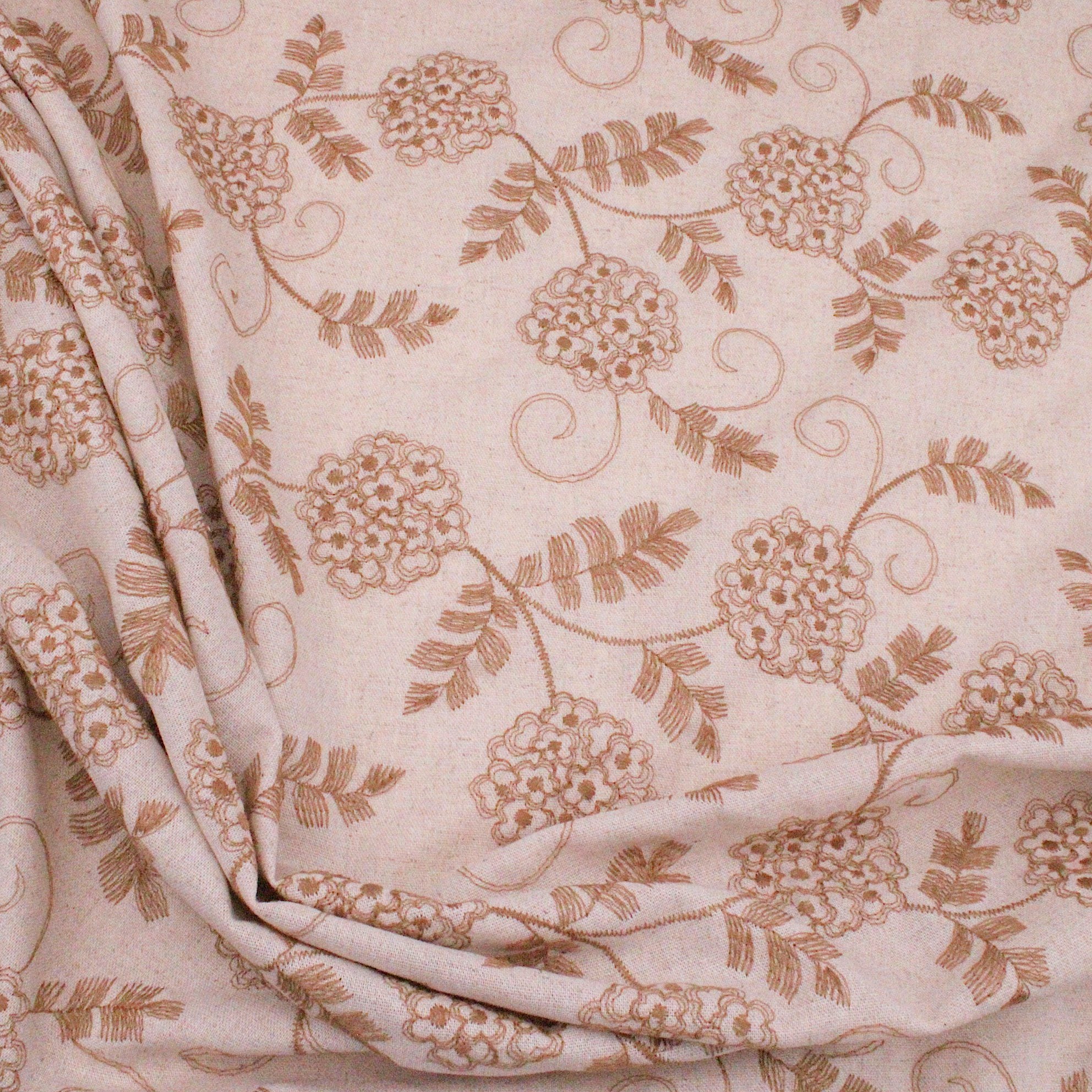 Jasmine Linen Viscose Floral Embroidery Fabric - Tan Hydrangea ...