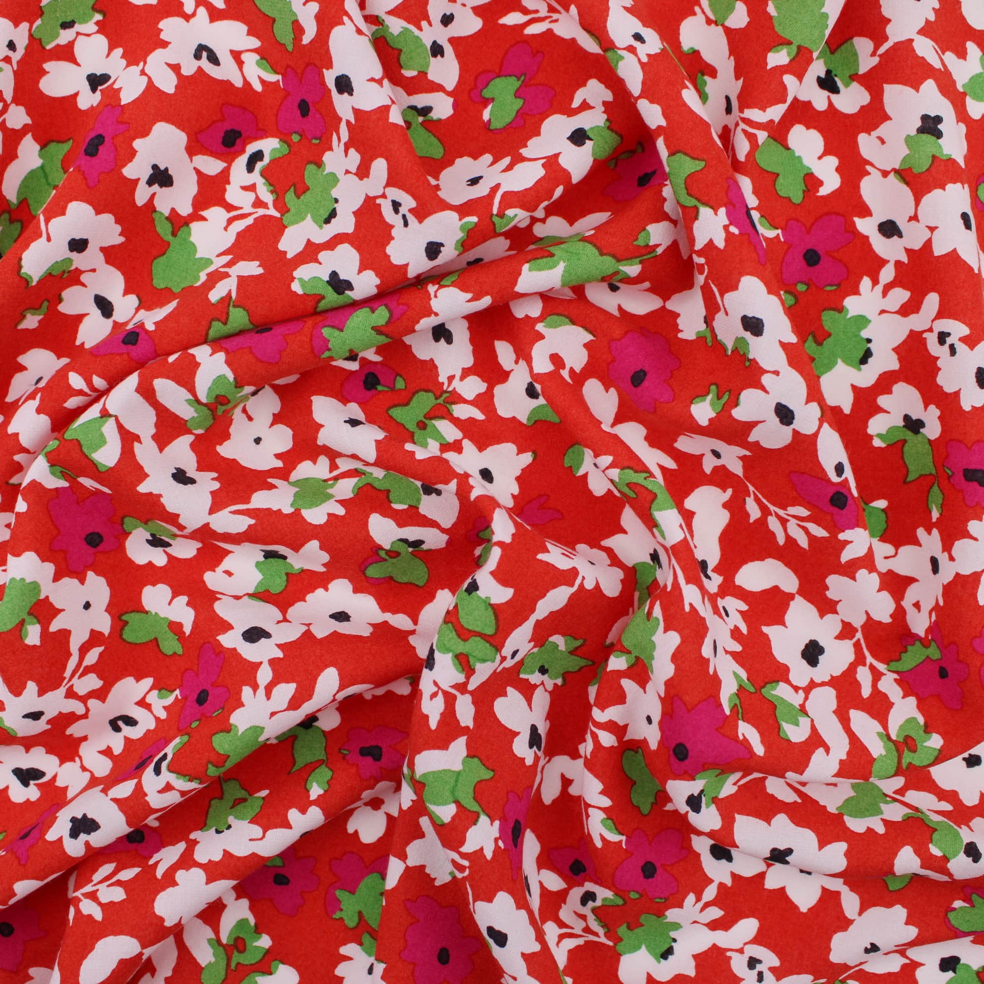 Kim Printed Viscose Challis Dressmaking Fabric - Red Floral Garden ...